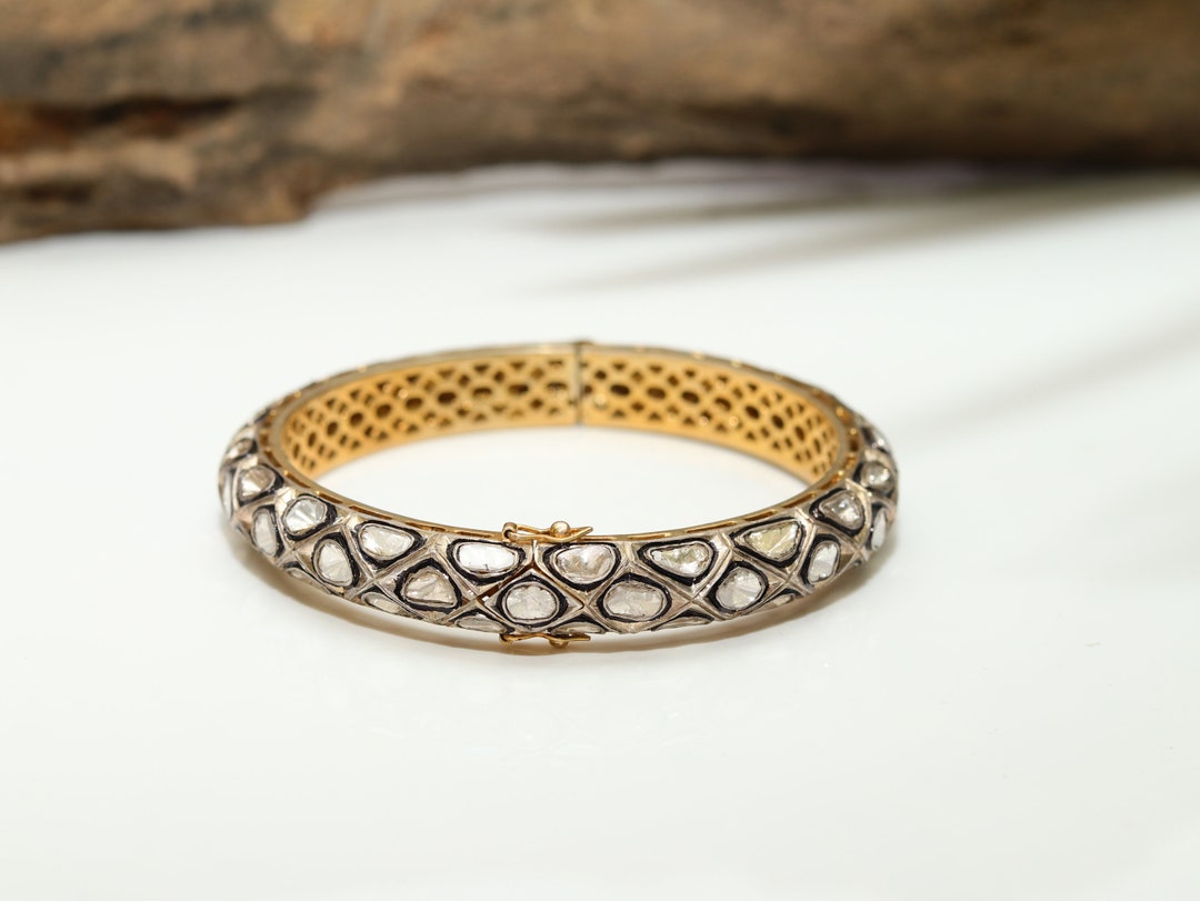 Round Shape Rosecut Diamond Bangle 925 Sterling Silver Gold Bangle ...