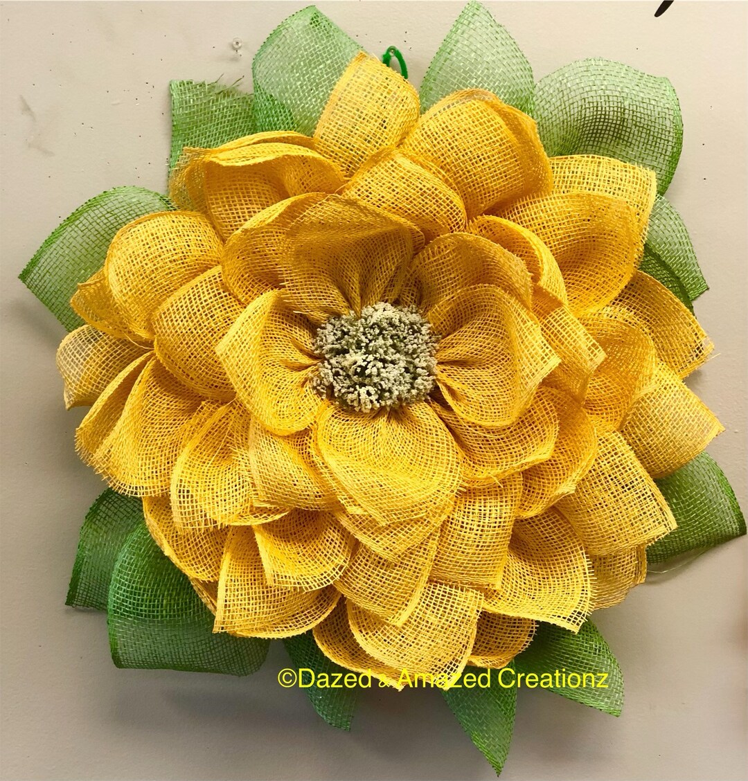 Large Yellow Poly Burlap Flower With White Center, Spring Flower Wreath ...