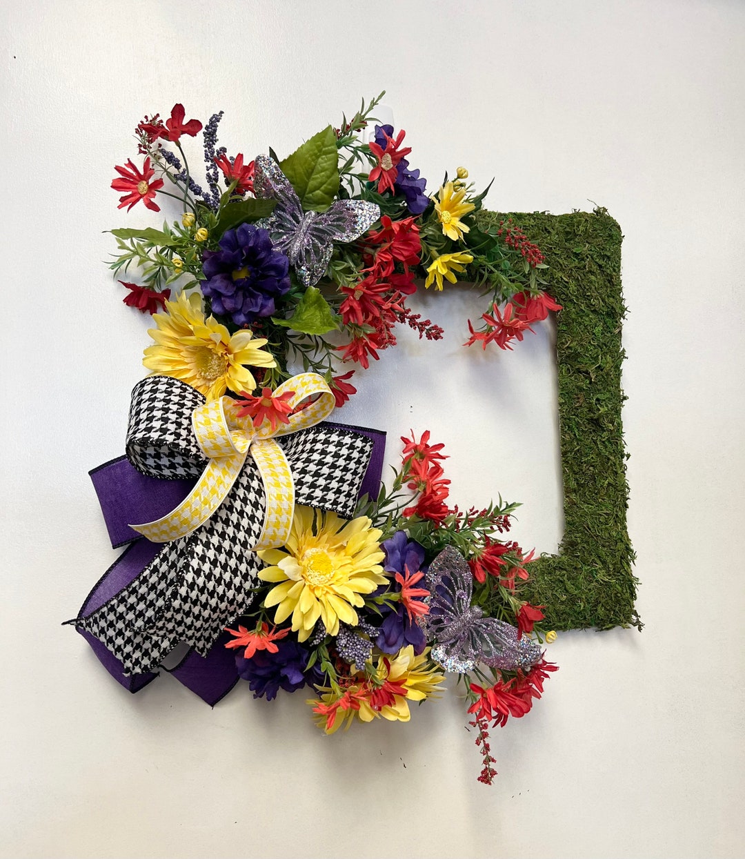 Square Spring Wreath With Green Moss, Floral Square Wreath, Yellow ...