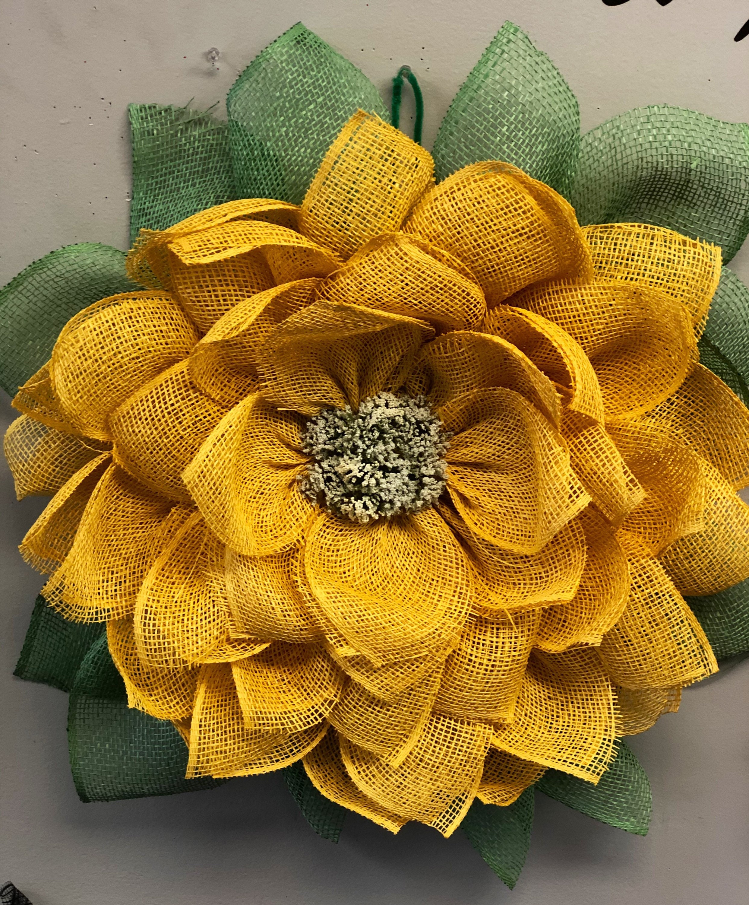 Large yellow poly burlap flower with white center spring | Etsy
