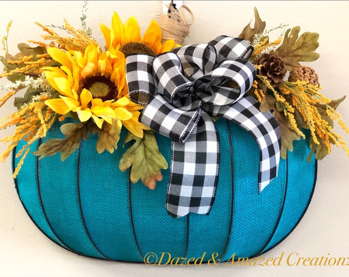 Teal Pumpkin Wreath With Sunflowers and Black White Check Bow, Burlap ...