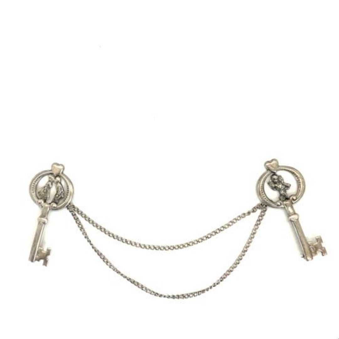 Vintage Sign Sterling Couple Cupid Double Key With 2 Chain Chatelaine ...