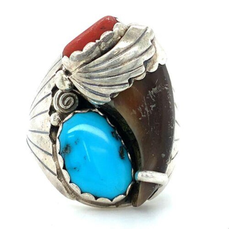 Vintage Sterling Native American Navajo Turquoise and Coral Ring Band ...