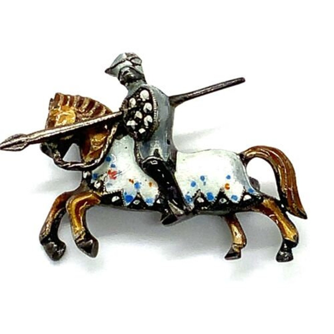 Vtg Signed Sterling Silver Inlay Enamel Carved Medieval Jousting Sports ...