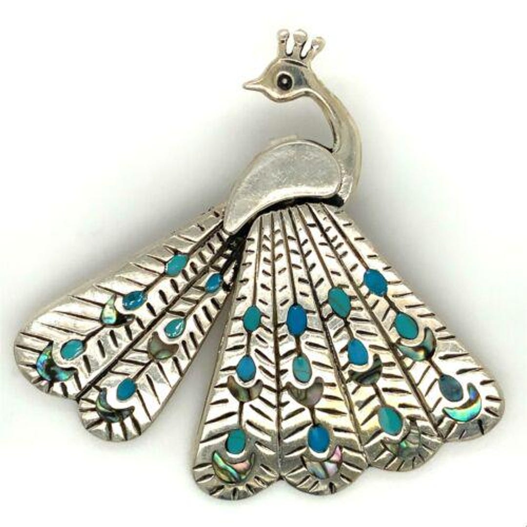Vintage Sterling Signed HOB Mexico Inlay Turquoise and Abalone Peacock ...