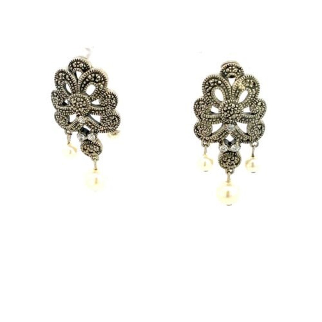 Vintage Sign Judith Jack Sterling Art Deco Marcasite Dangle Pearls Stud ...