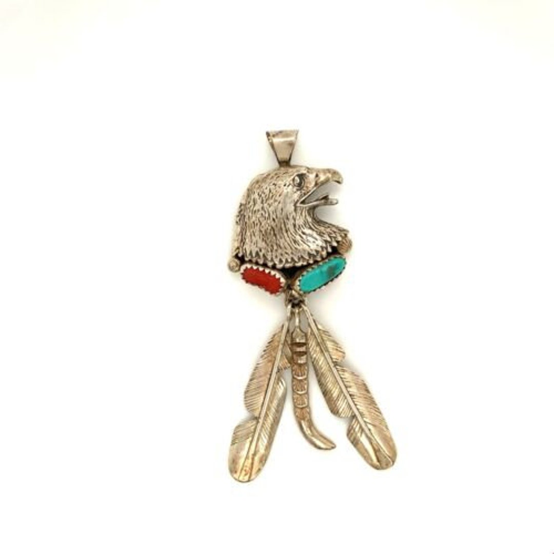 Vintage Signed FJ Navajo Eagle Head Inlay Coral Turquoise Dangle ...
