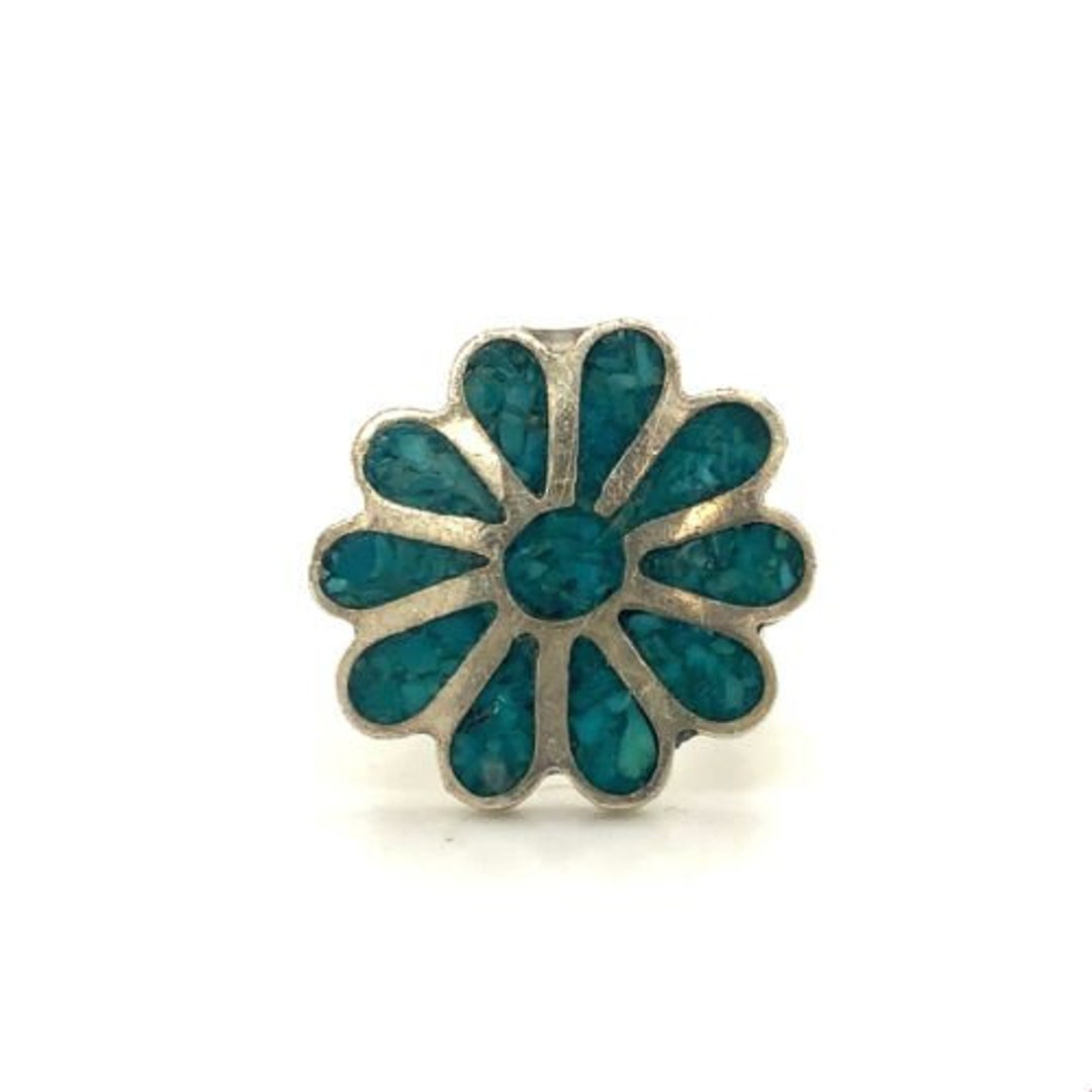 Vintage Sterling Native American Zuni Inlay Crush Turquoise Flower Ring ...