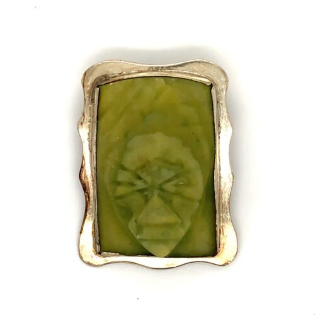 Vintage Signed Sterling 925 Tribal Aztec Gods Warrior Carved Jade Stone ...