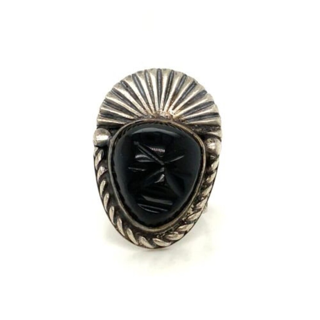 Vintage Signed Sterling Handmade Carve Aztec Mask Face Black Onyx Stone ...
