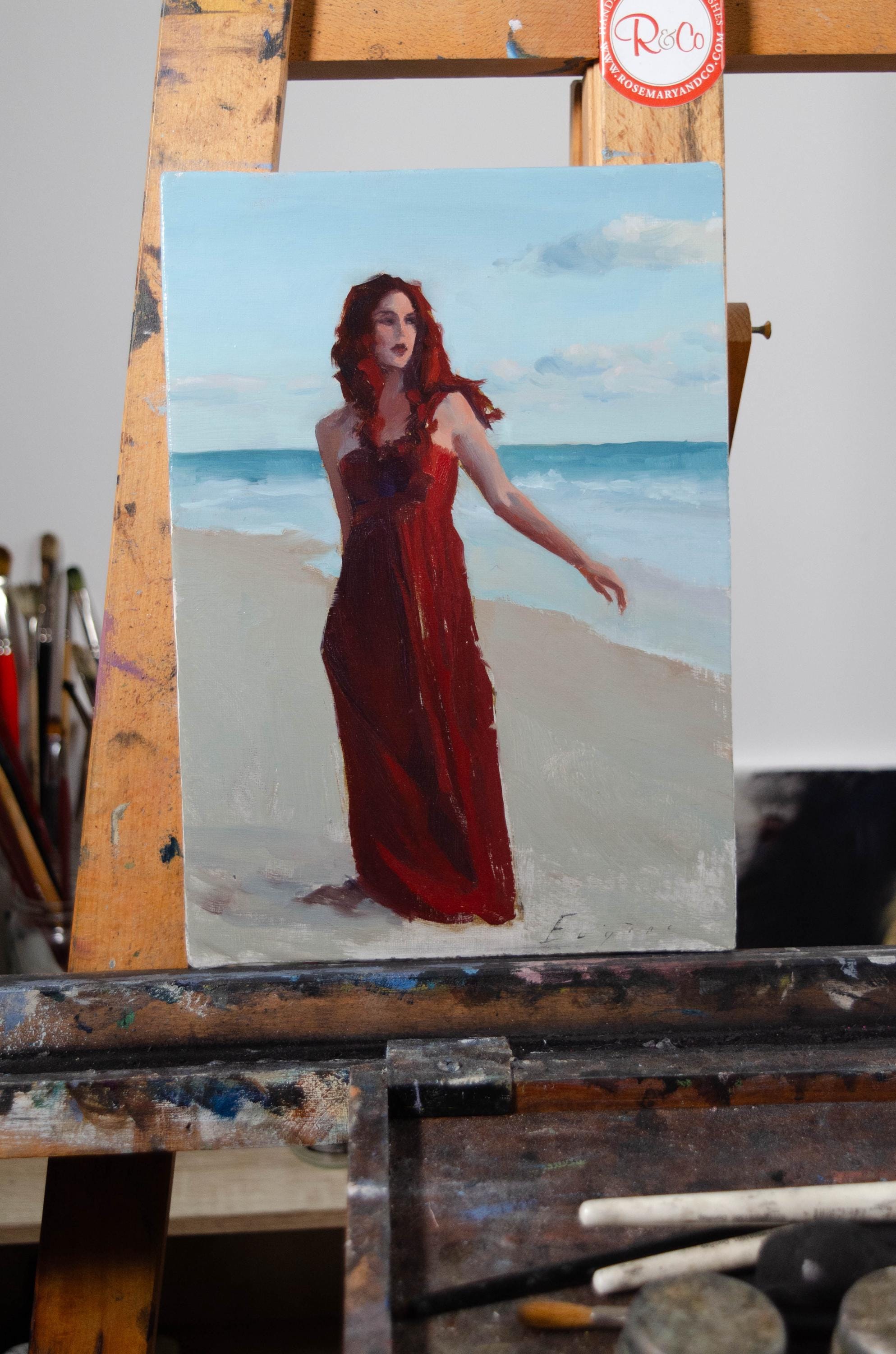 Original Oil Painting | Woman in Red Dress by the Sea | Figurative ...