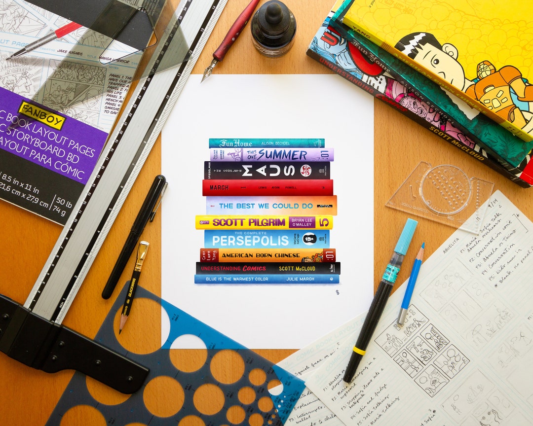 Graphic Novels Book Stack Art Print | Comic Book Art | Literary Poster ...