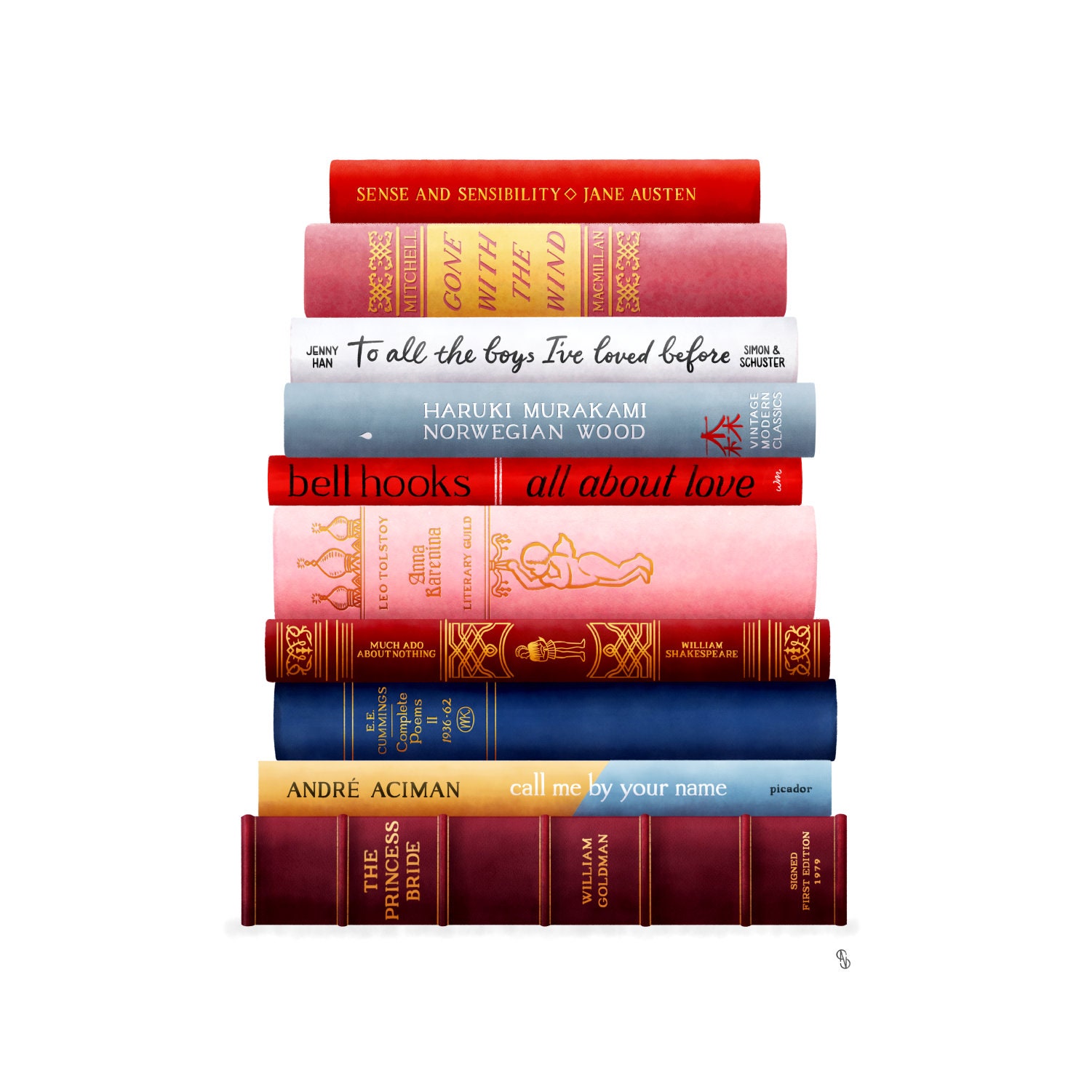 Love Story Book Stack Art Print Romance Novel Gifts for Readers ...