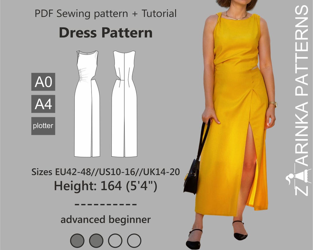 Asymmetric Midi Dress Sewing Pattern With Tutorial // Sizes EU42-48//US10-16//UK14-20 for Height ...