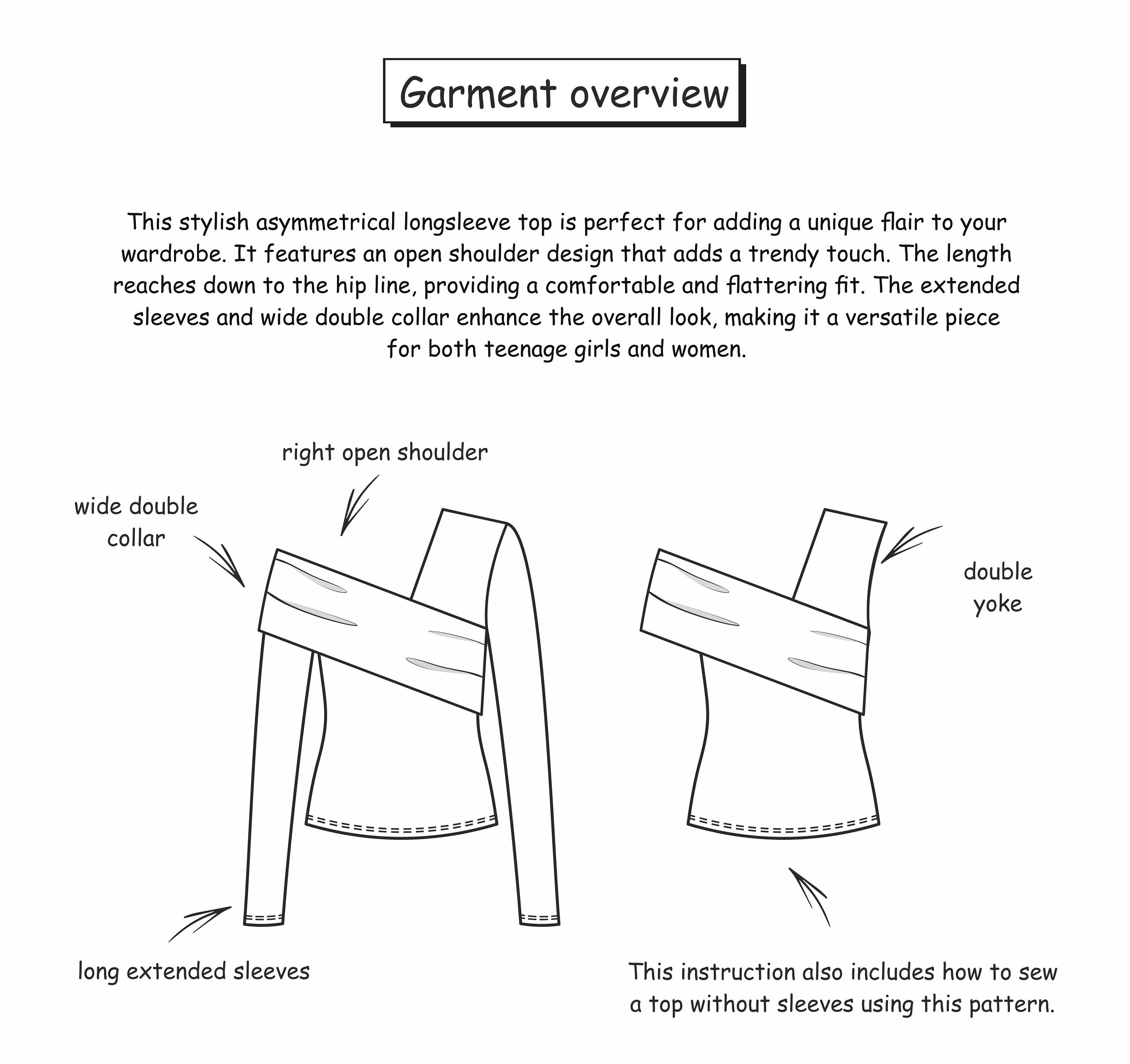 Asymmetrical Long Sleeve Top Sewing Pattern PDF | Women's Off-shoulder ...