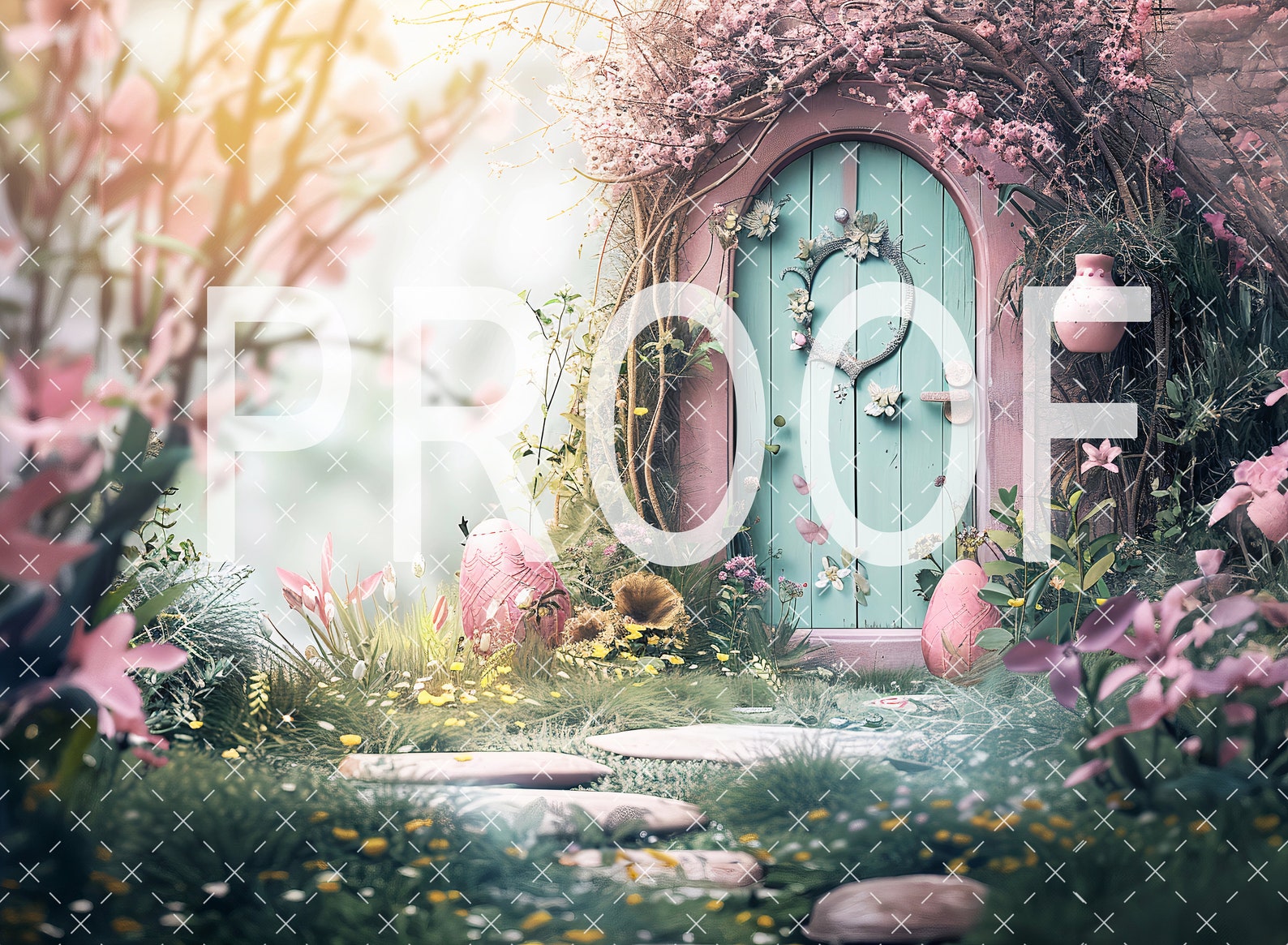 Floral Blue and Pink Easter Door Digital Backdrop, Easter Digital ...