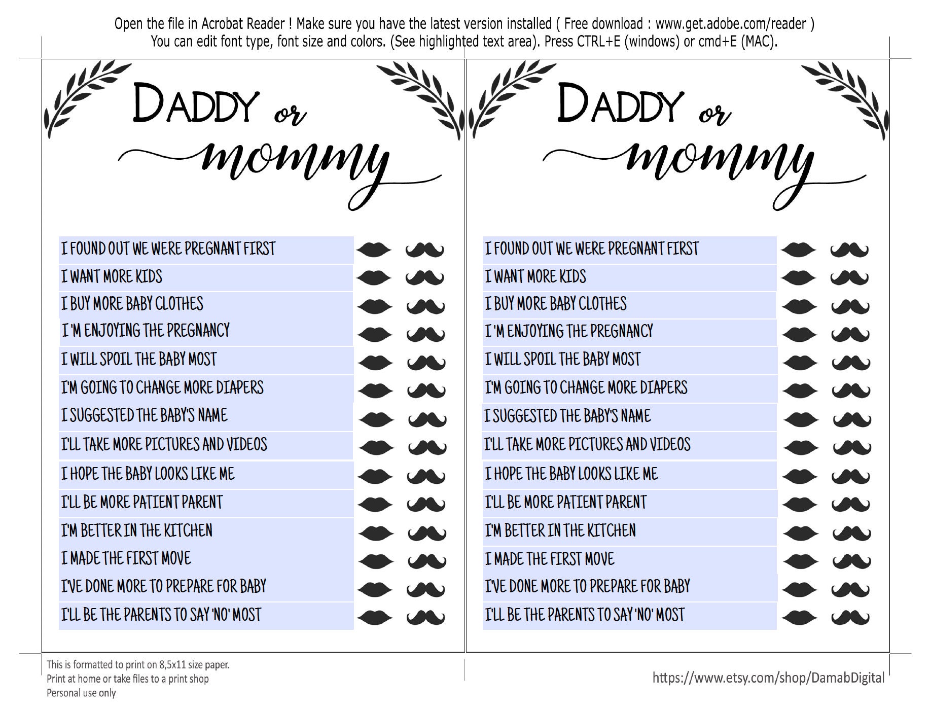 Mommy Or Daddy Game Who Said It Mom Or Dad Game Rustic Guess Etsy