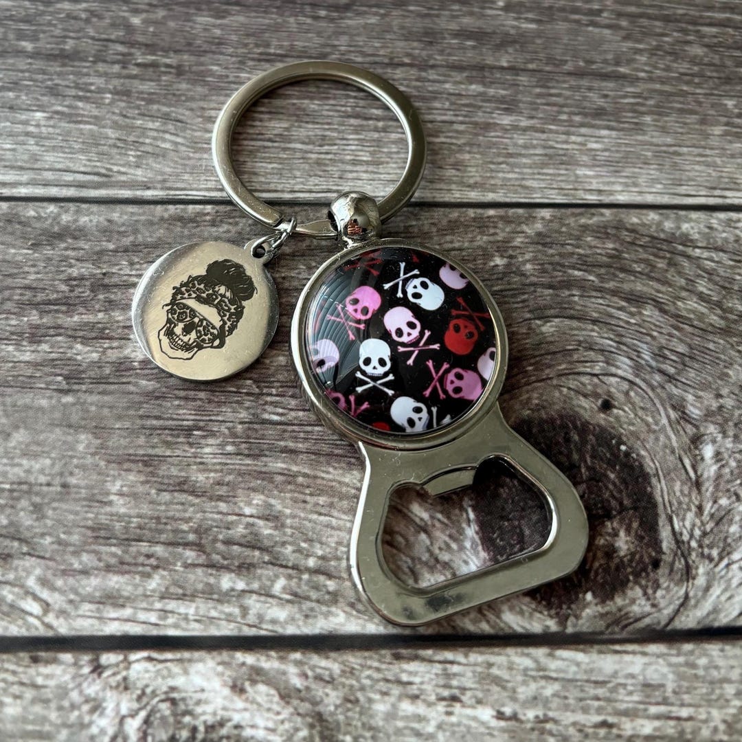 Skull Bottle Opener Keychain: Pink & White Skulls, Steel Keychain - Etsy