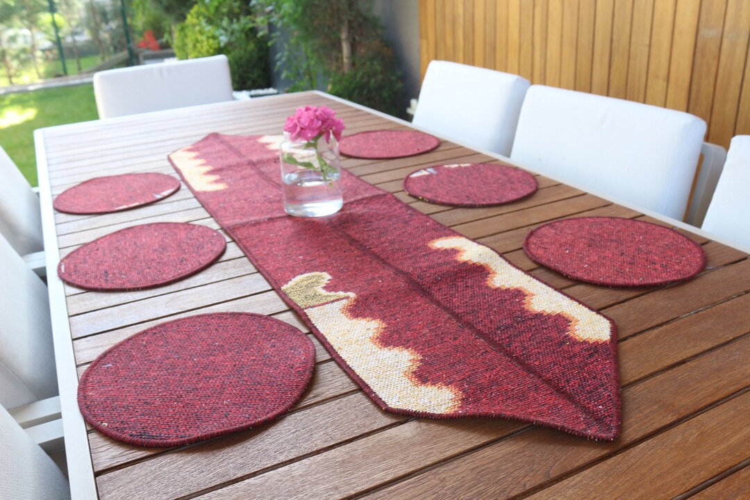 Turkish Kilim Table Runner Set, Patchwork Rug Placemats, Kitchen Decor ...