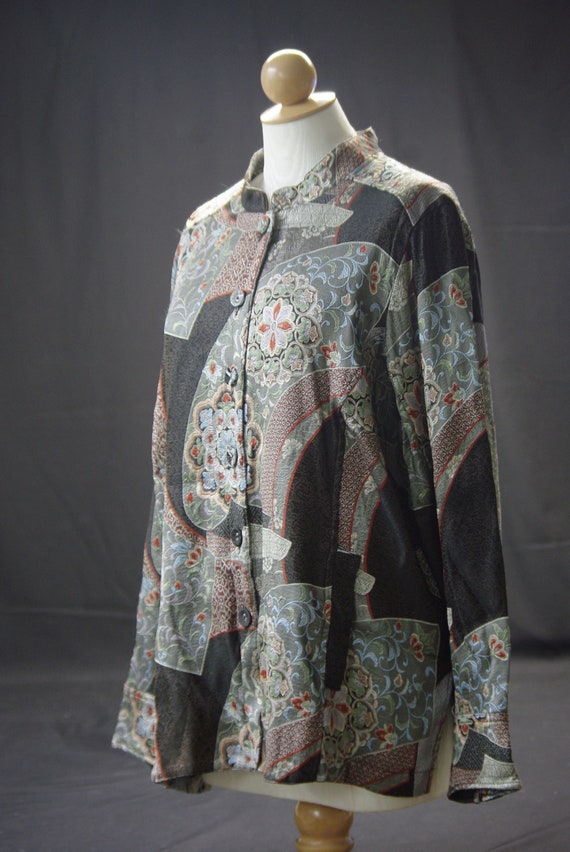 Asian Grey Silk Jacket, Collage Style Pattern, - Gem