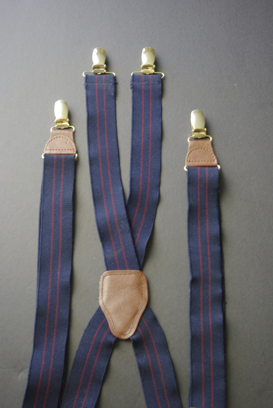 Navy Suspenders Red Pin Stripe Leather Details & Brass Clasps Preppy ...