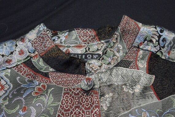 Asian Grey Silk Jacket, Collage Style Pattern, - Gem