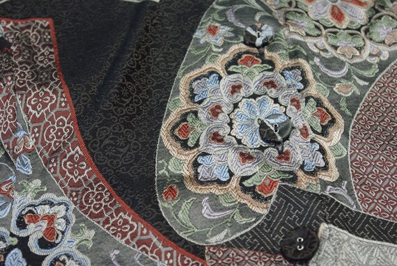 Asian Grey Silk Jacket, Collage Style Pattern, - Gem