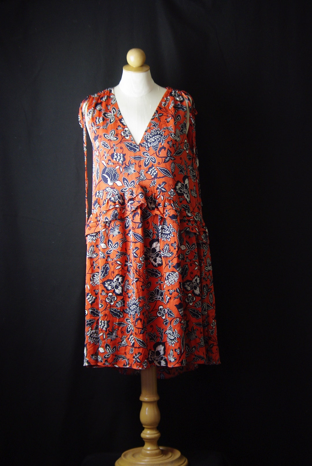 Orange Silk Sundress Size M Black Ethnic Print Ruffled Waist Bias Cut ...
