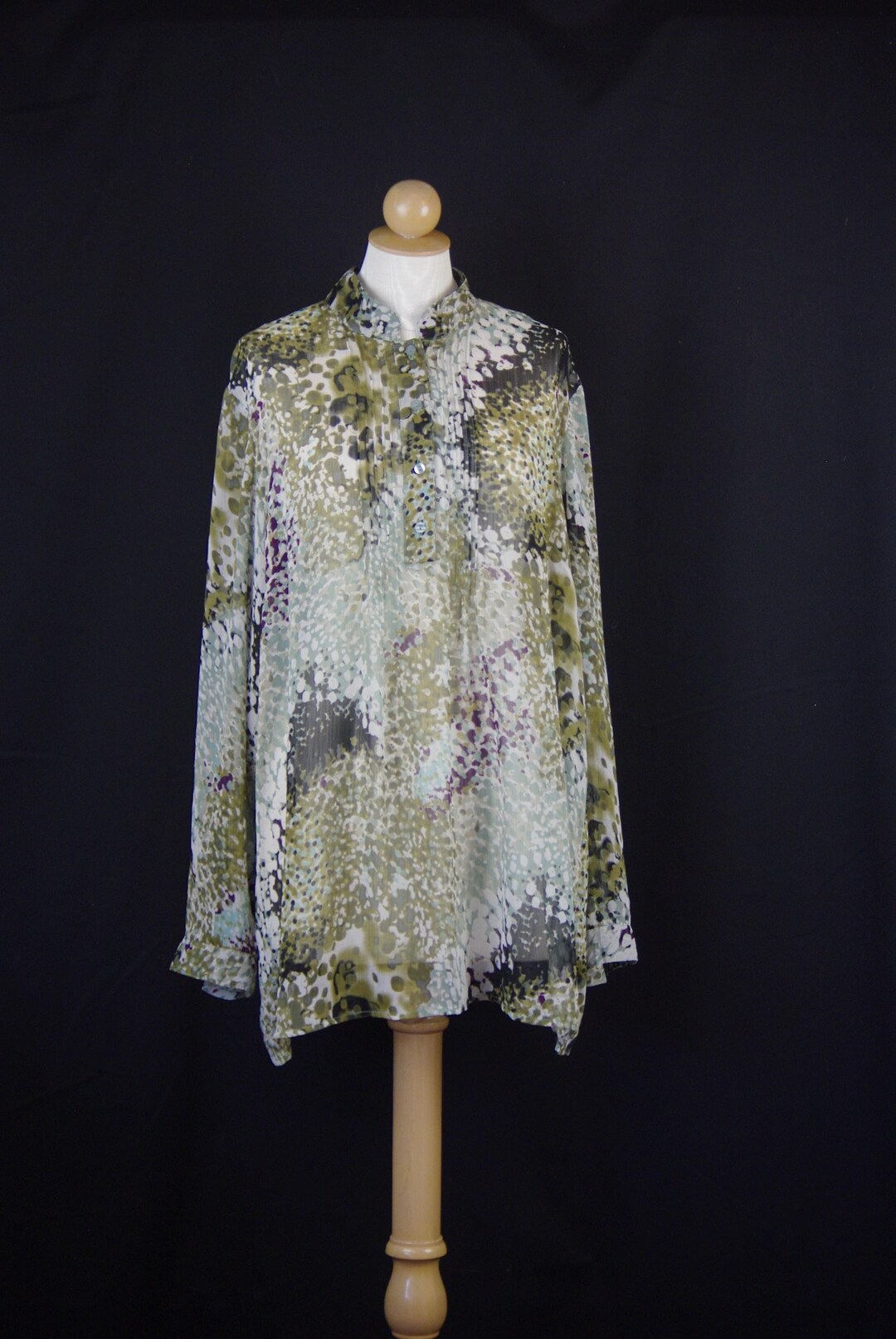 Sheer Blouse Rain Drop Abstract Pattern Size XL Aqua Khaki Black Design ...