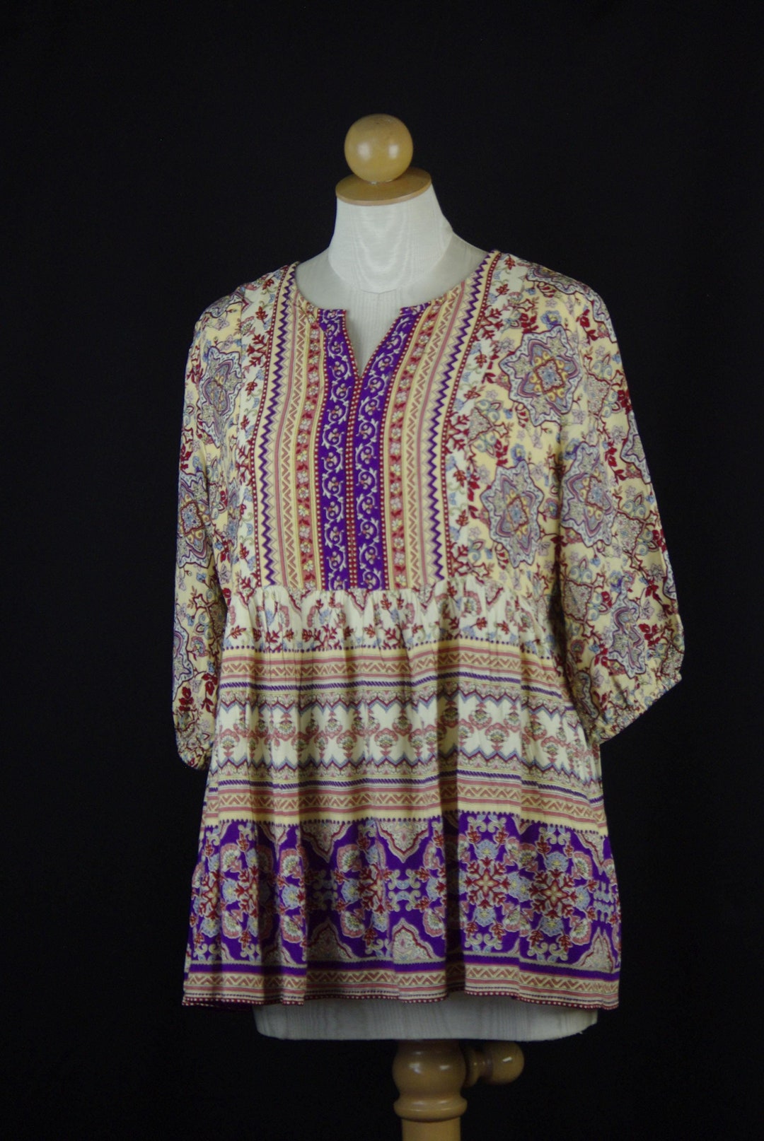 Bohemian Peasant Top Size L Cream Violet Border Print Lined Viscose ...