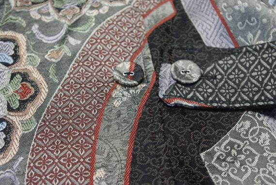 Asian Grey Silk Jacket, Collage Style Pattern, - Gem