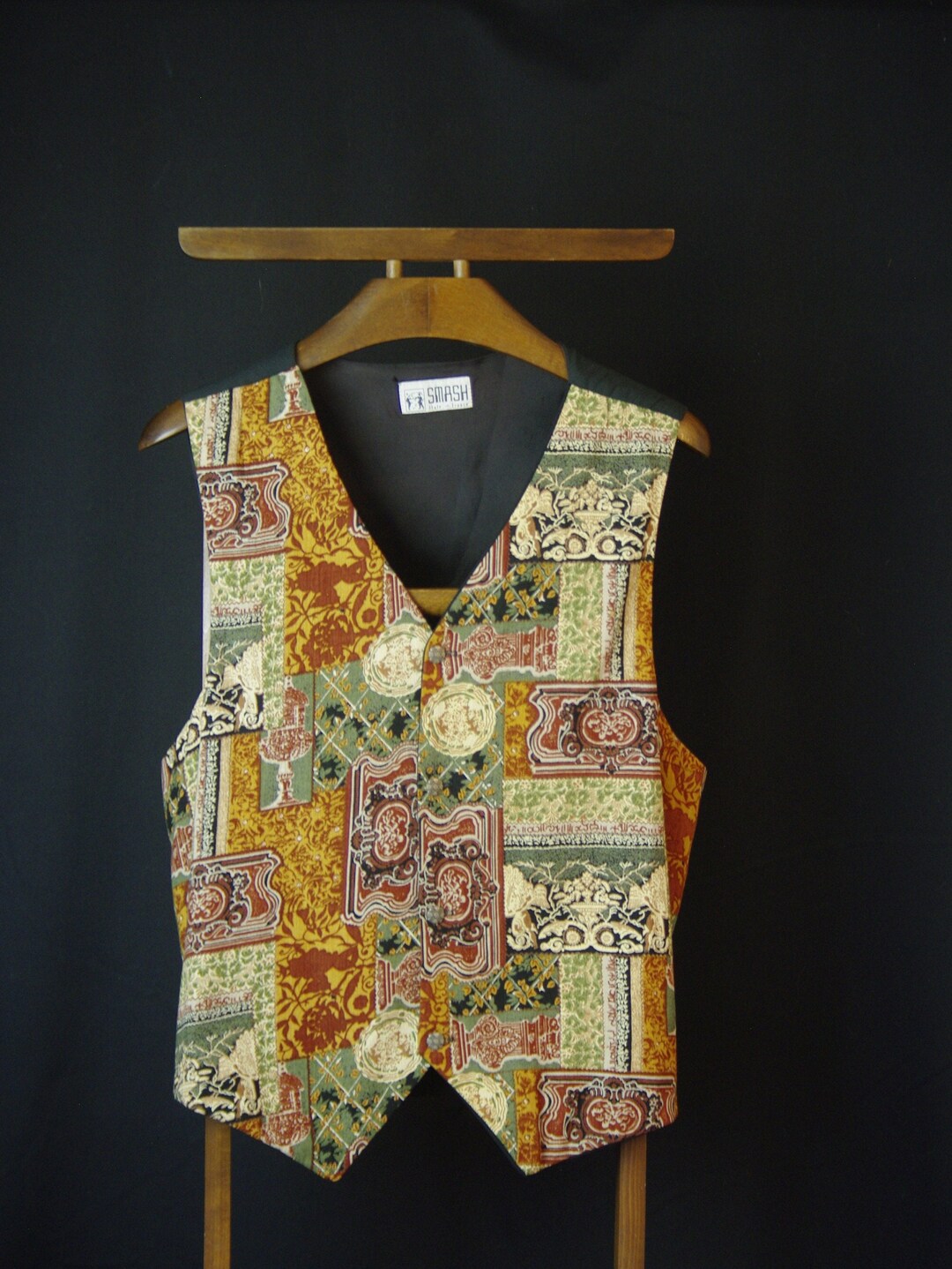 Vintage Men's Vest Copper Green Print Size L Lined Rayon Patchwork ...