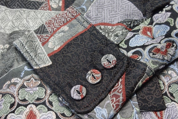 Asian Grey Silk Jacket, Collage Style Pattern, - Gem