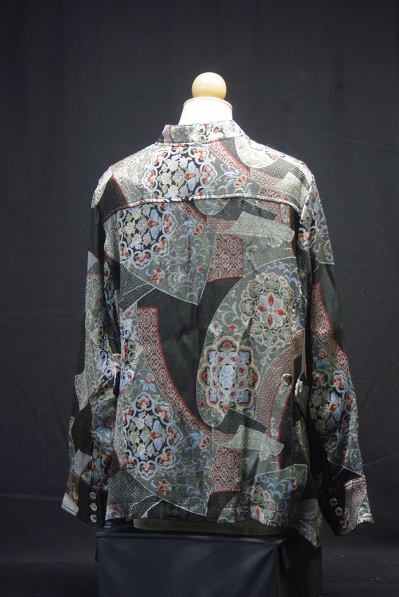 Asian Grey Silk Jacket, Collage Style Pattern, - Gem