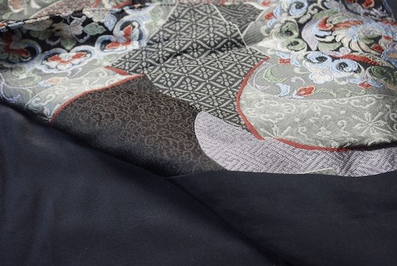 Asian Grey Silk Jacket, Collage Style Pattern, - Gem