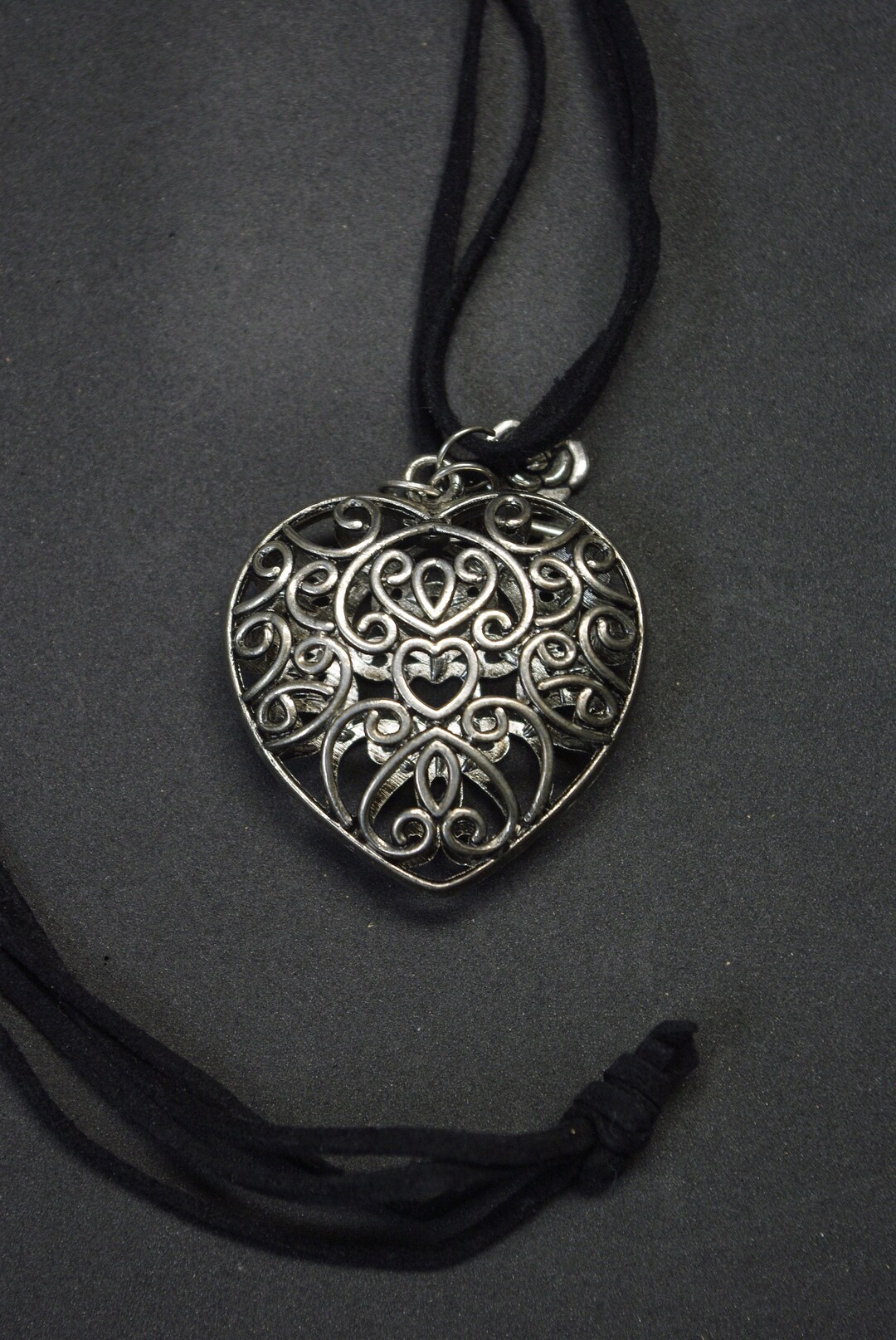 Silver Metal Fretwork Heart Pendant, Black Suede Cord, Key & Rose ...