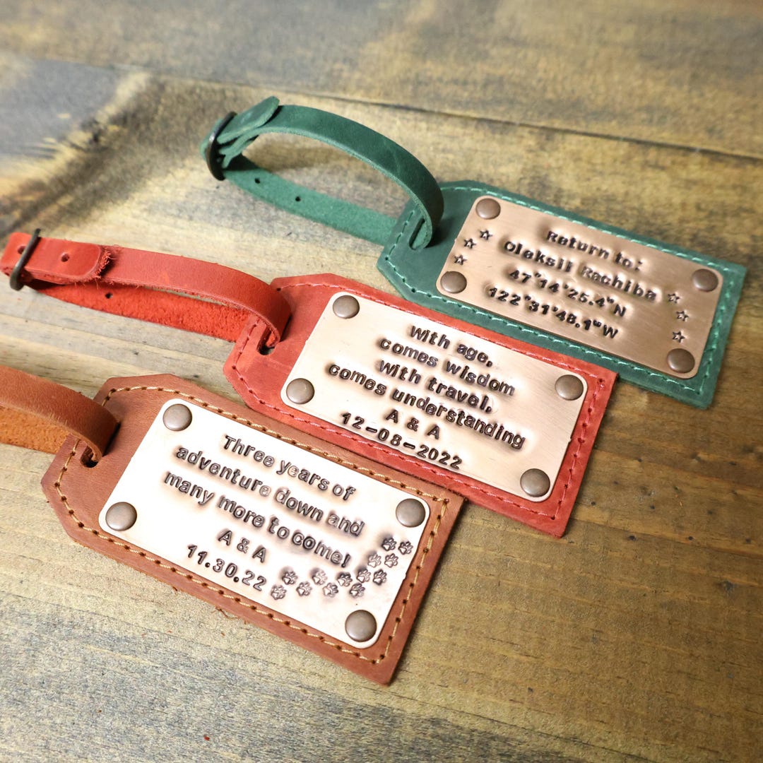 Personalized Leather Luggage Tag: Brass & Copper Engraved Travel Gift ...