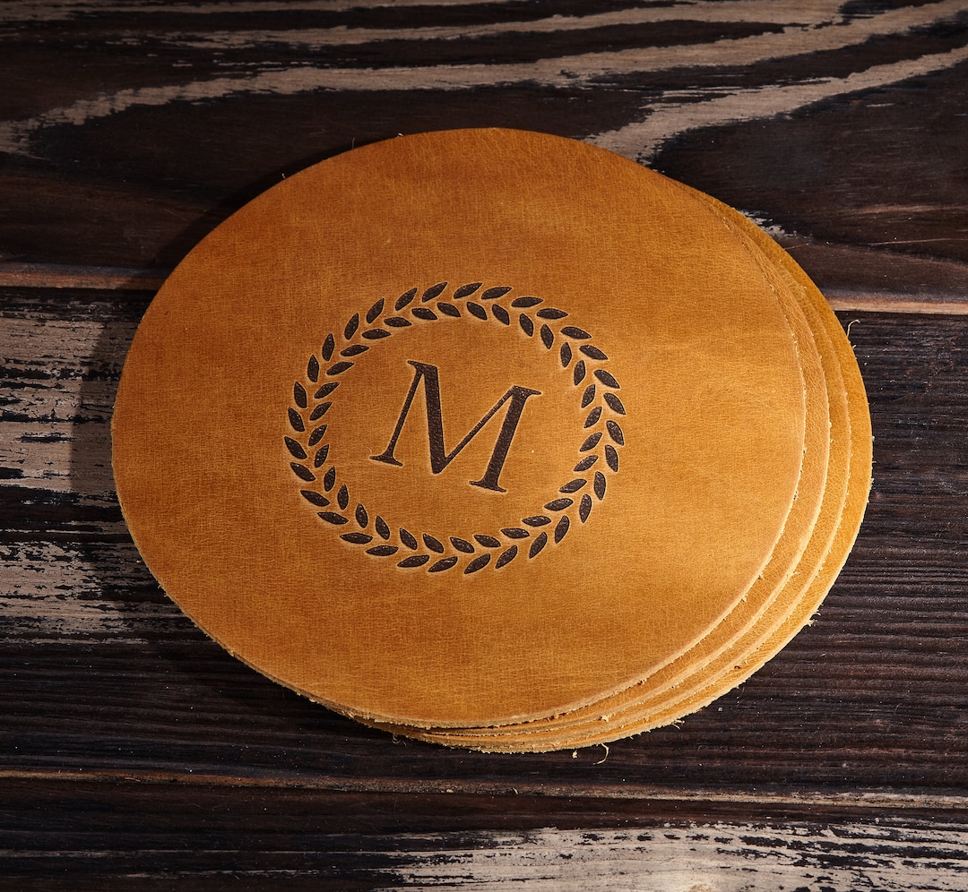 Custom Leather Coaster Set: Laser Engraved Monogram, Set of 4 - Etsy
