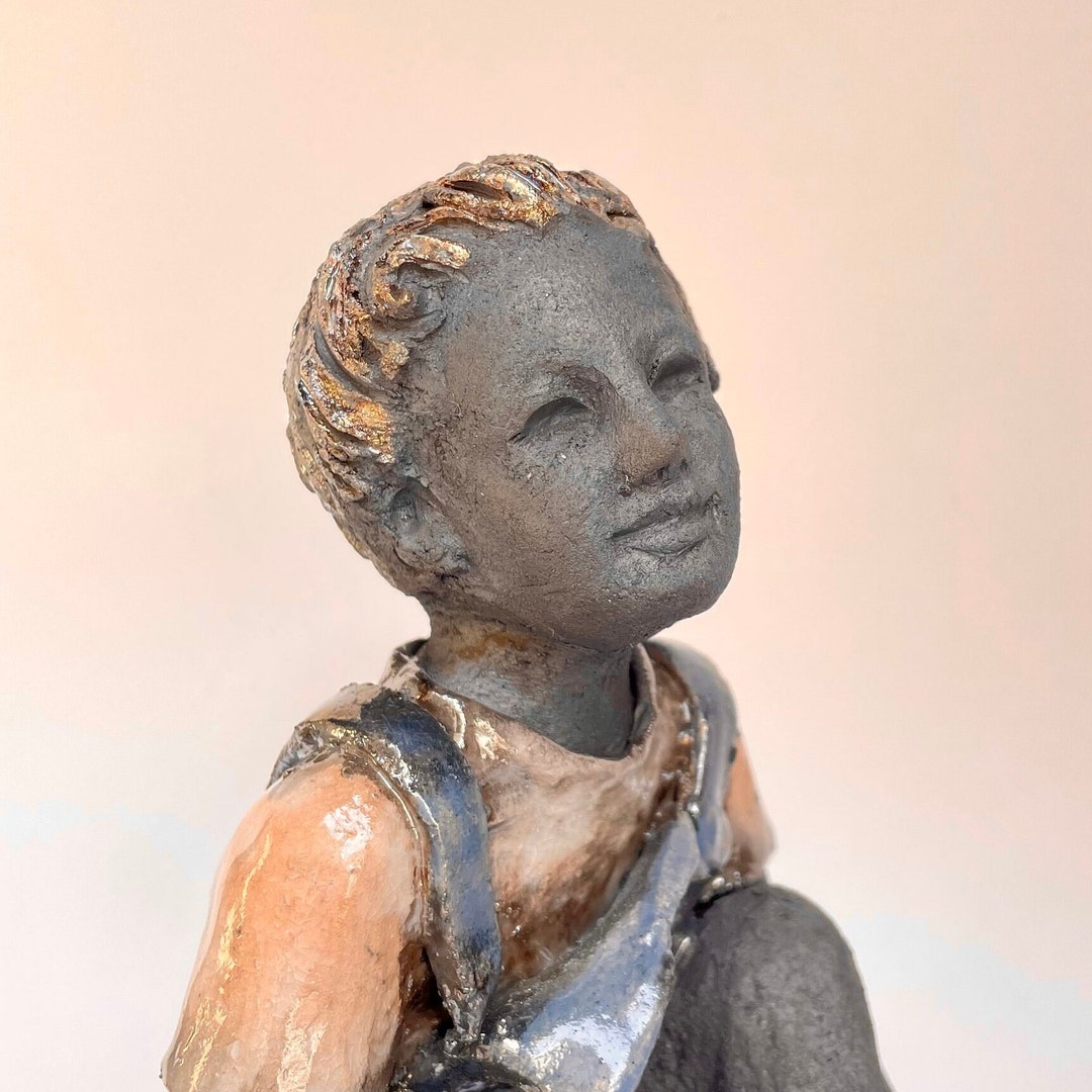 Terracotta Figurine of Child in Raku Glazed Dungarees, Handmade ...