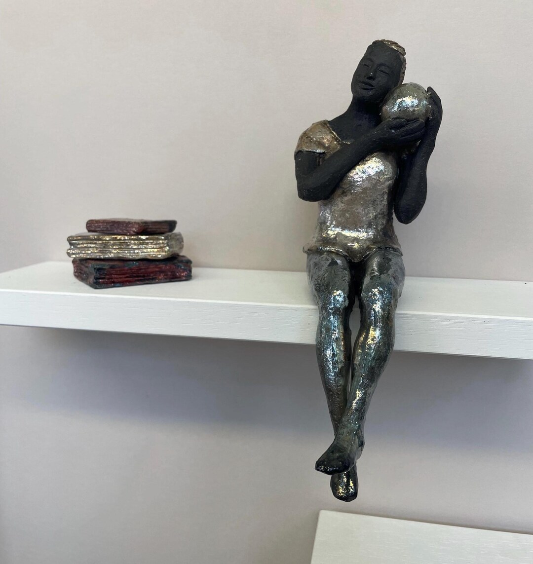 Terracotta Statuette With Raku Finish, "spherical Embrace" - 20 X 7 X ...