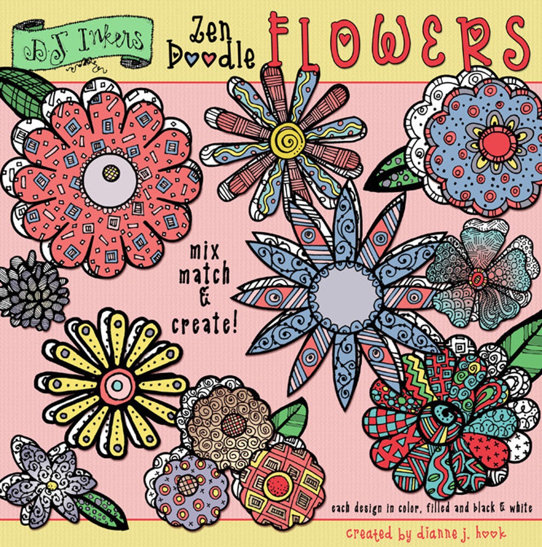 Flower Clip Art Zen-doodles for Spring in Black & White and Color by DJ ...