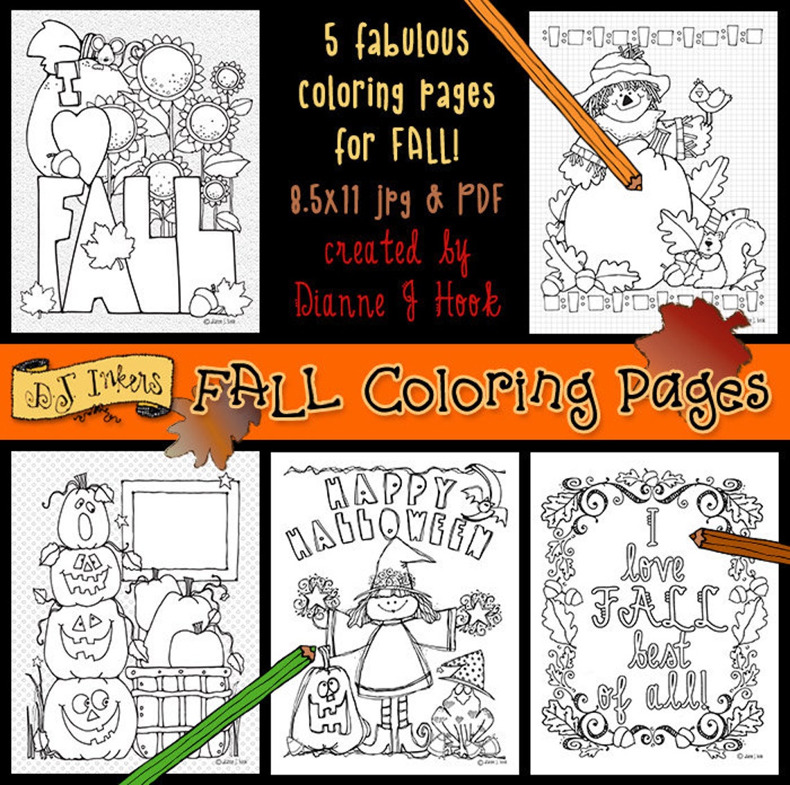 Fall Coloring Pages 5 Printable Designs for Autumn, Halloween and Fall ...