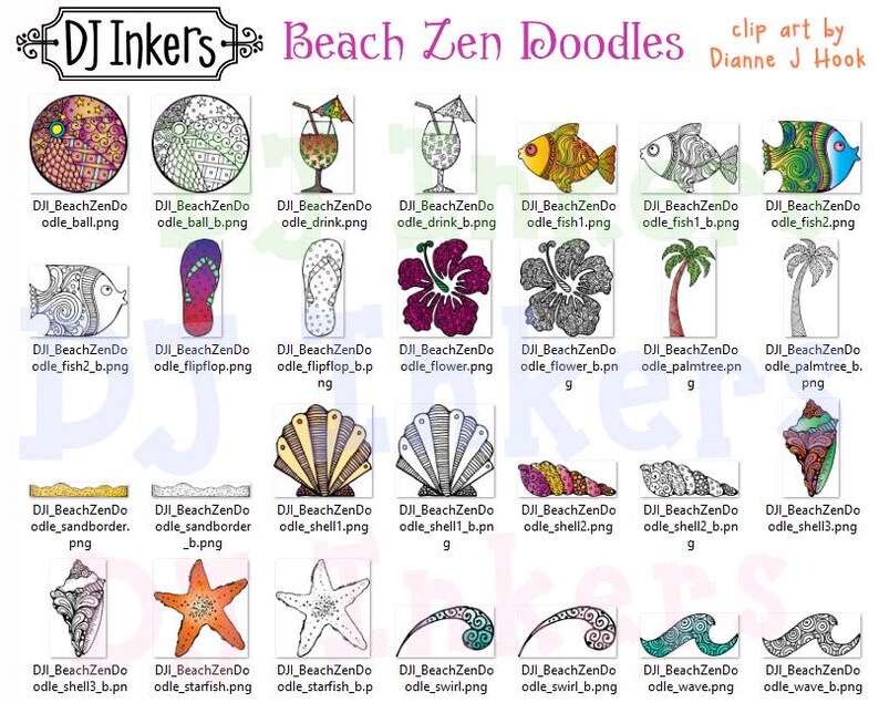 Beach Fun Zen-doodles - Tropical Clip Art by DJ Inkers - Etsy