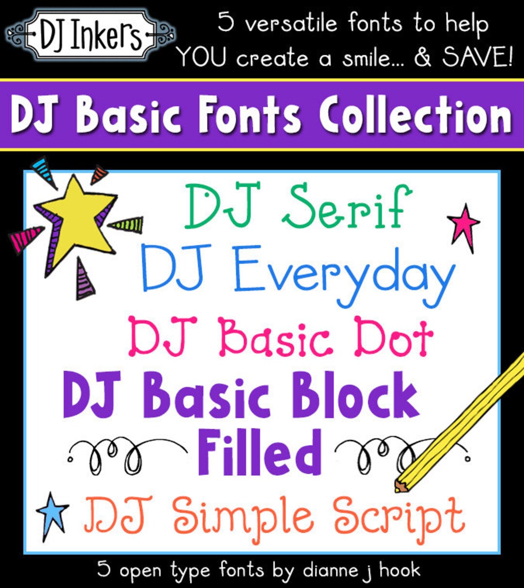 DJ Inkers' Basic Fonts Collection - 5 Font Bundle With Hand Drawn ...