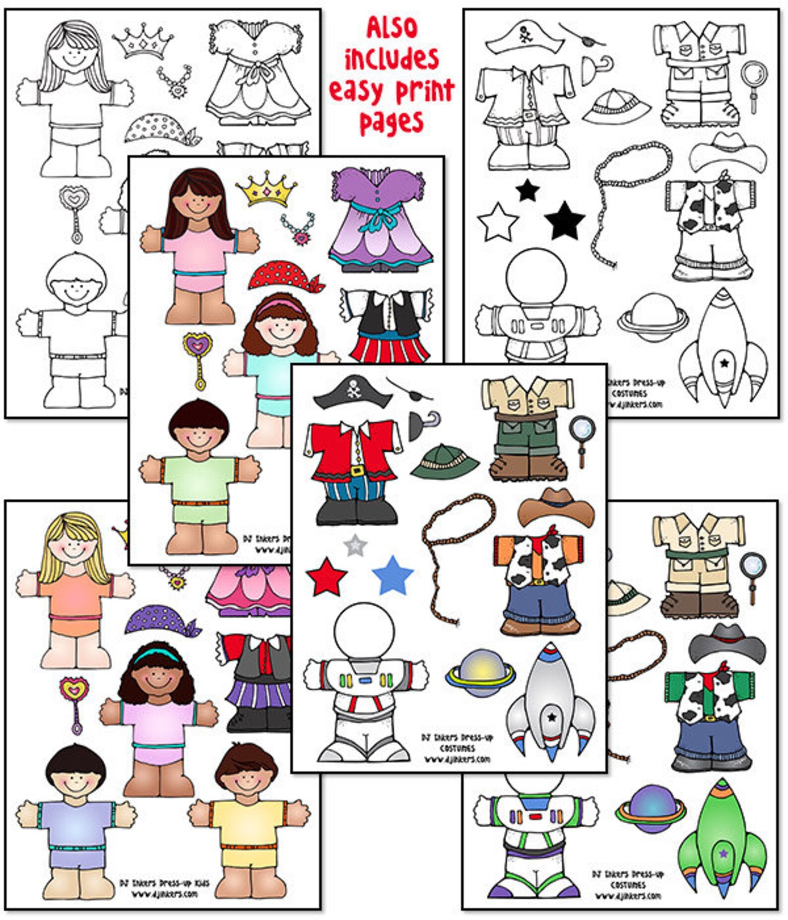 Costume Dress-up Kids Printable Paper Dolls in Black & White and Color ...