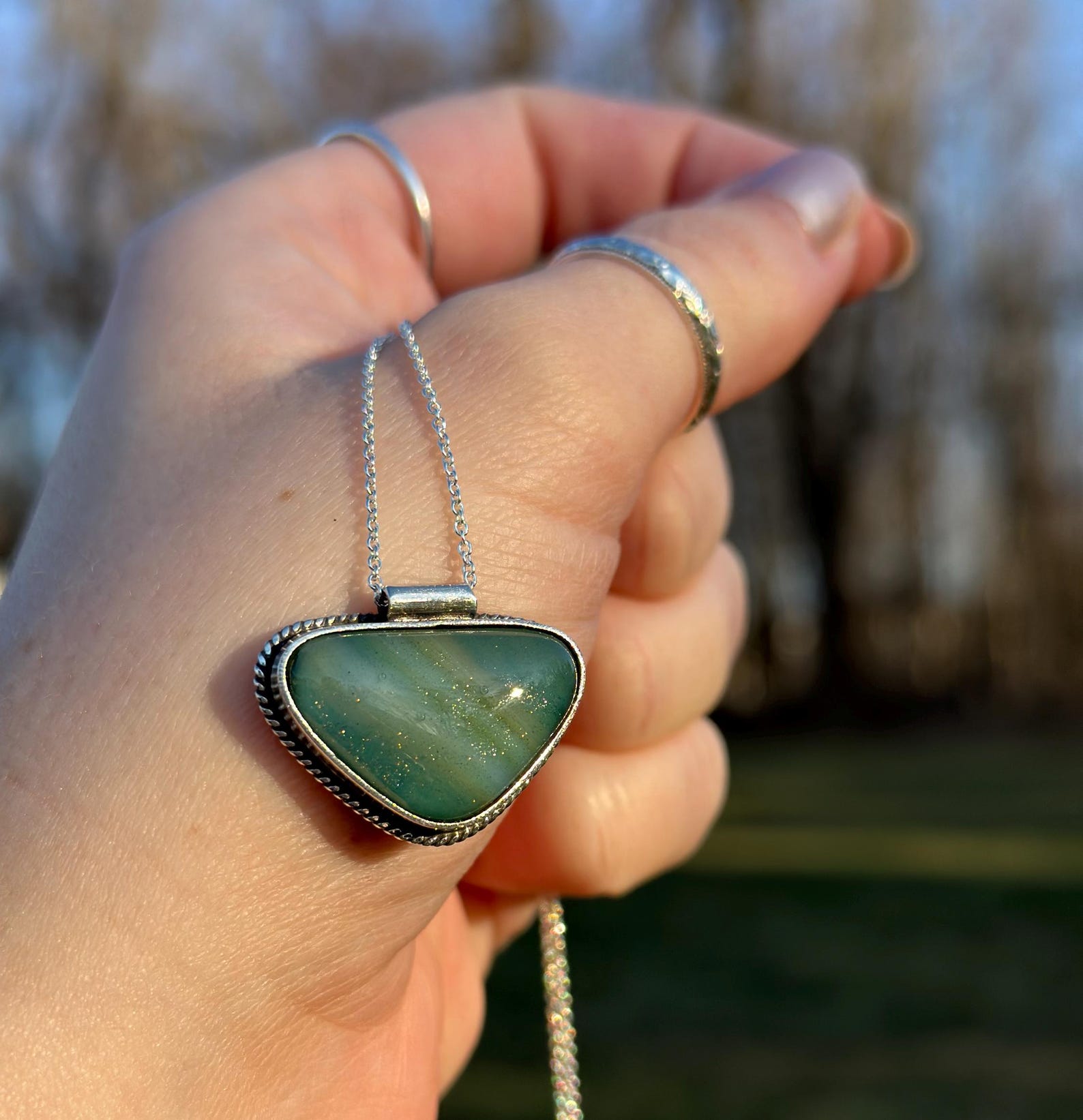 Triangle Shaped Necklace - Pendant Necklace - Shades of Green - Fused ...