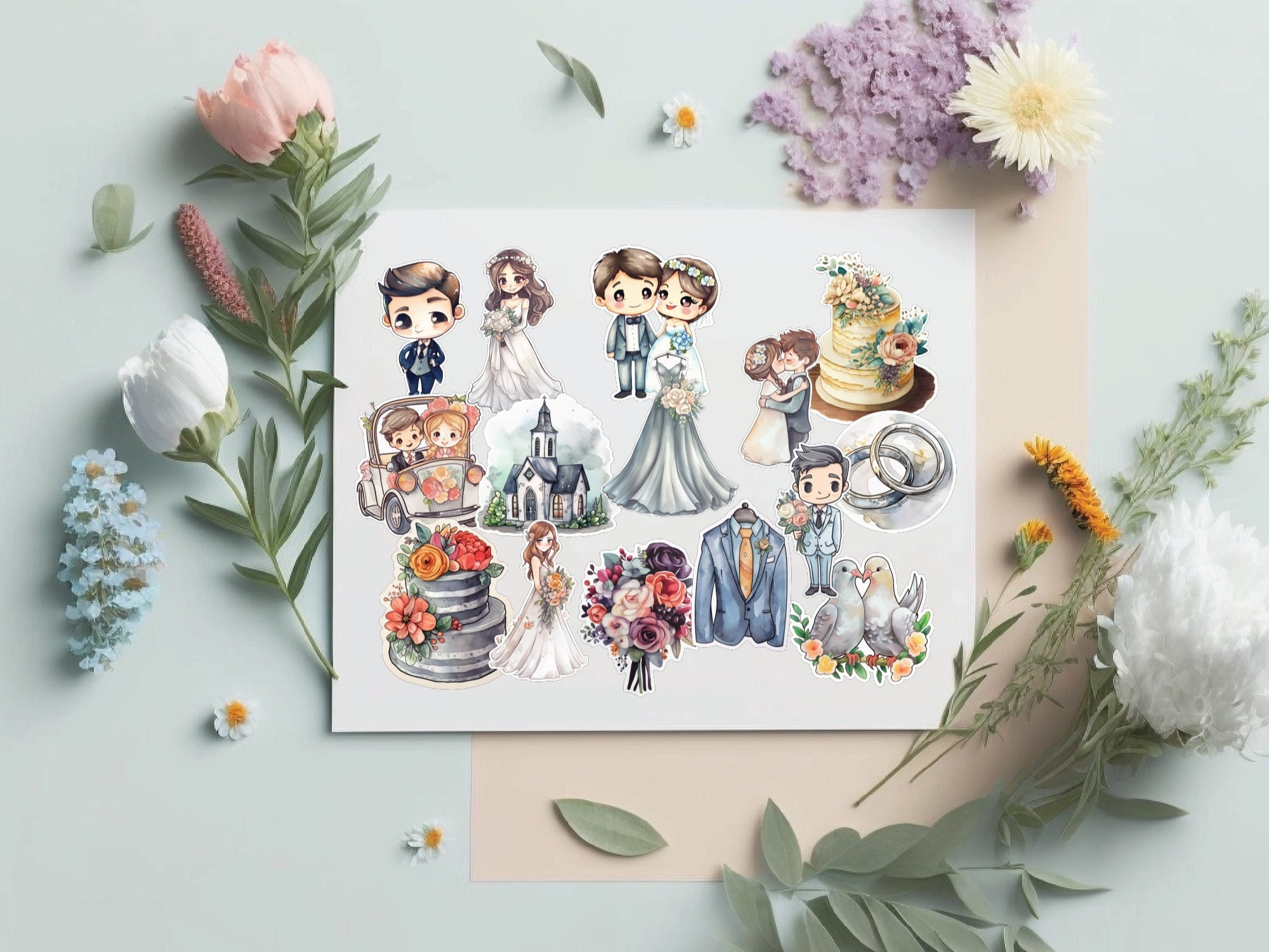 15 Watercolor Wedding Clipart Stickers, Bride Clipart, Cartoon Stickers ...