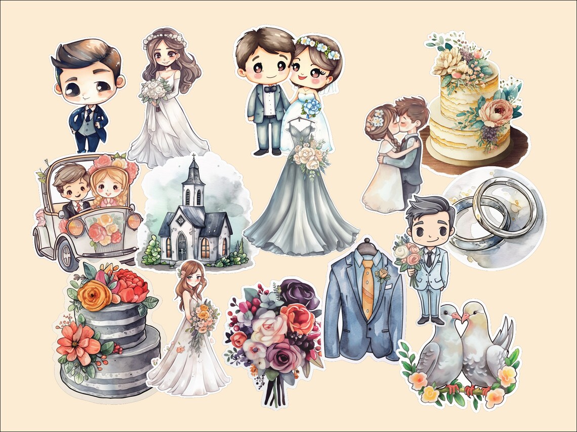 15 Watercolor Wedding Clipart Stickers, Bride Clipart, Cartoon Stickers ...
