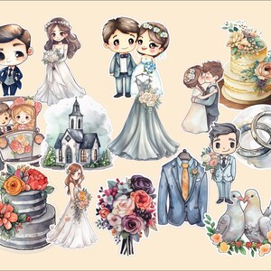 15 Watercolor Wedding Clipart Stickers, Bride Clipart, Cartoon Stickers ...
