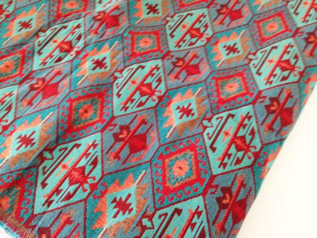 Blue Tribal Upholstery Fabric, Aztec Navajo Geometric Kilim Fabric by ...